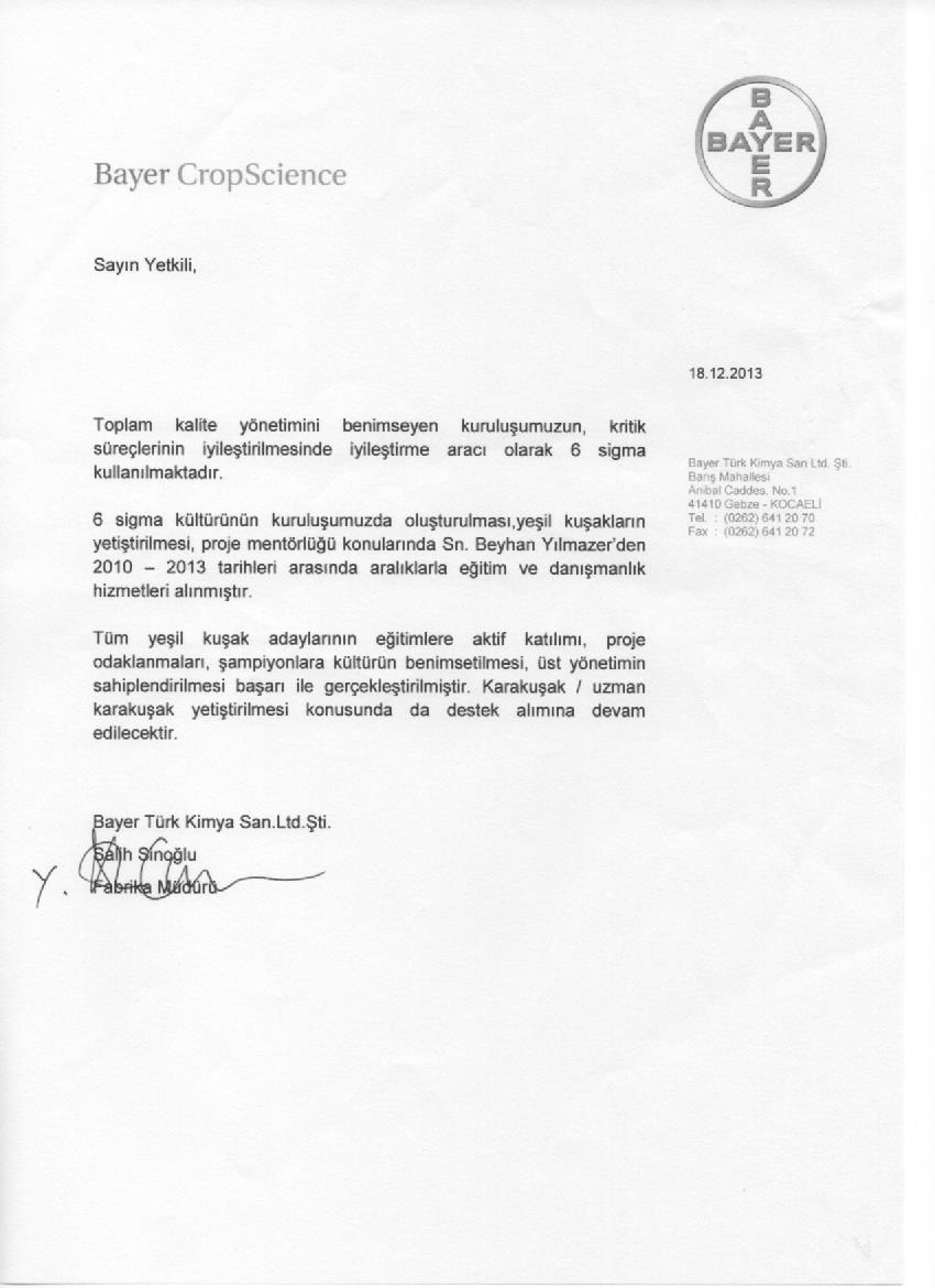 Bay Sigma - Bayer Crop Science Referans Mektubu