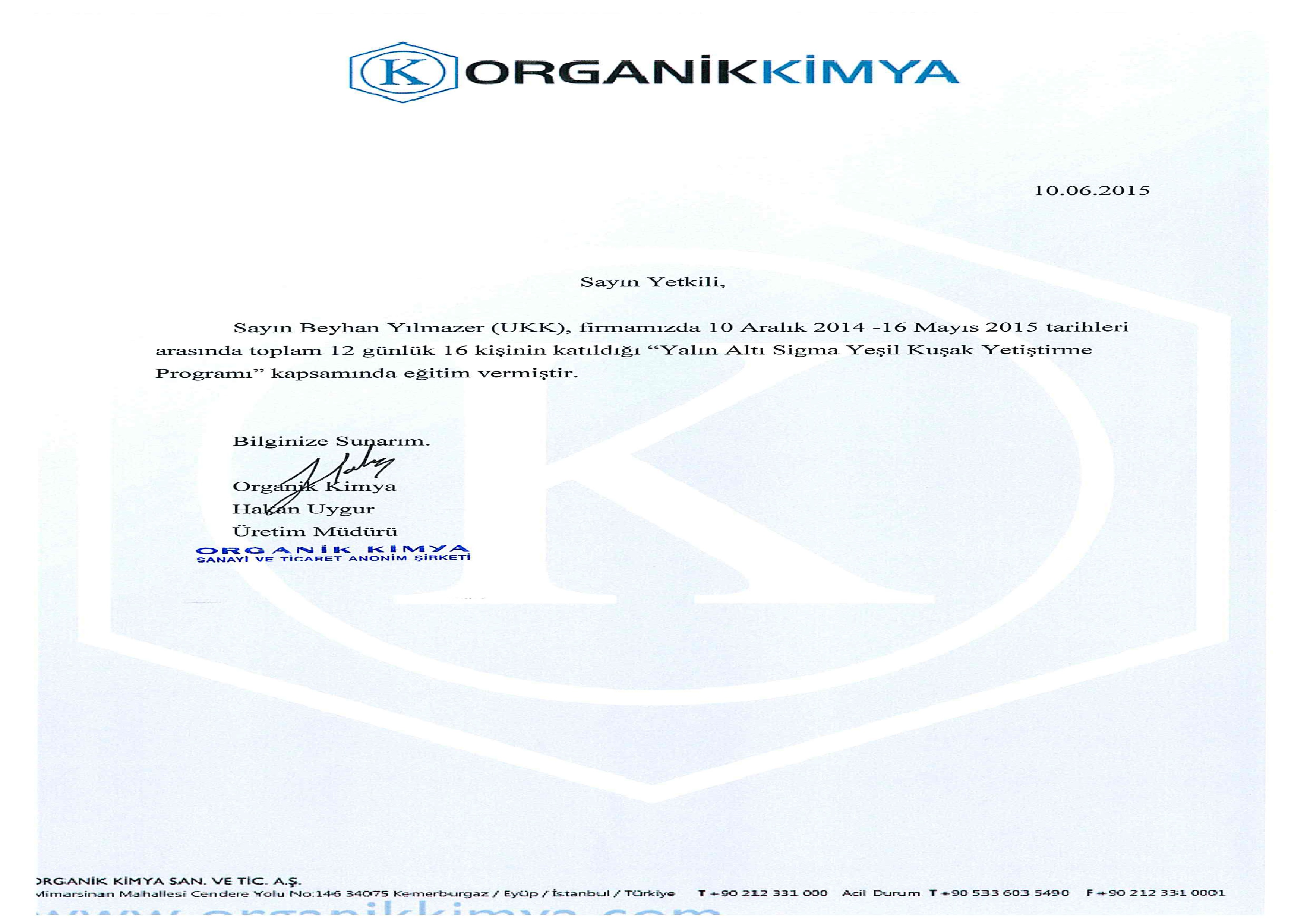 Bay Sigma - Organik Kimya Referans Mektubu